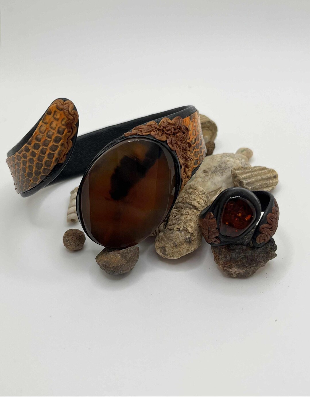 Vintage Statement Ring Set Snake Skin Band & Agate Look Stone | Large ...