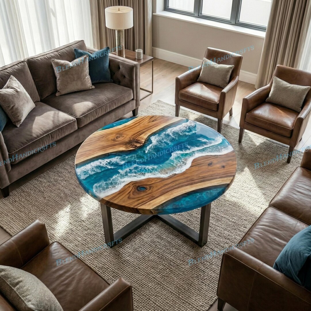 Luxury Ocean Blue Epoxy Round Table Handmade Natural Wood Coffee ...