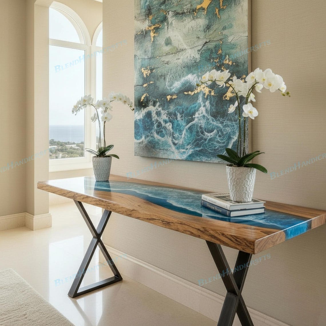 Modern Ocean Blue Epoxy Console Table | Handmade Solid Wood | Custom ...