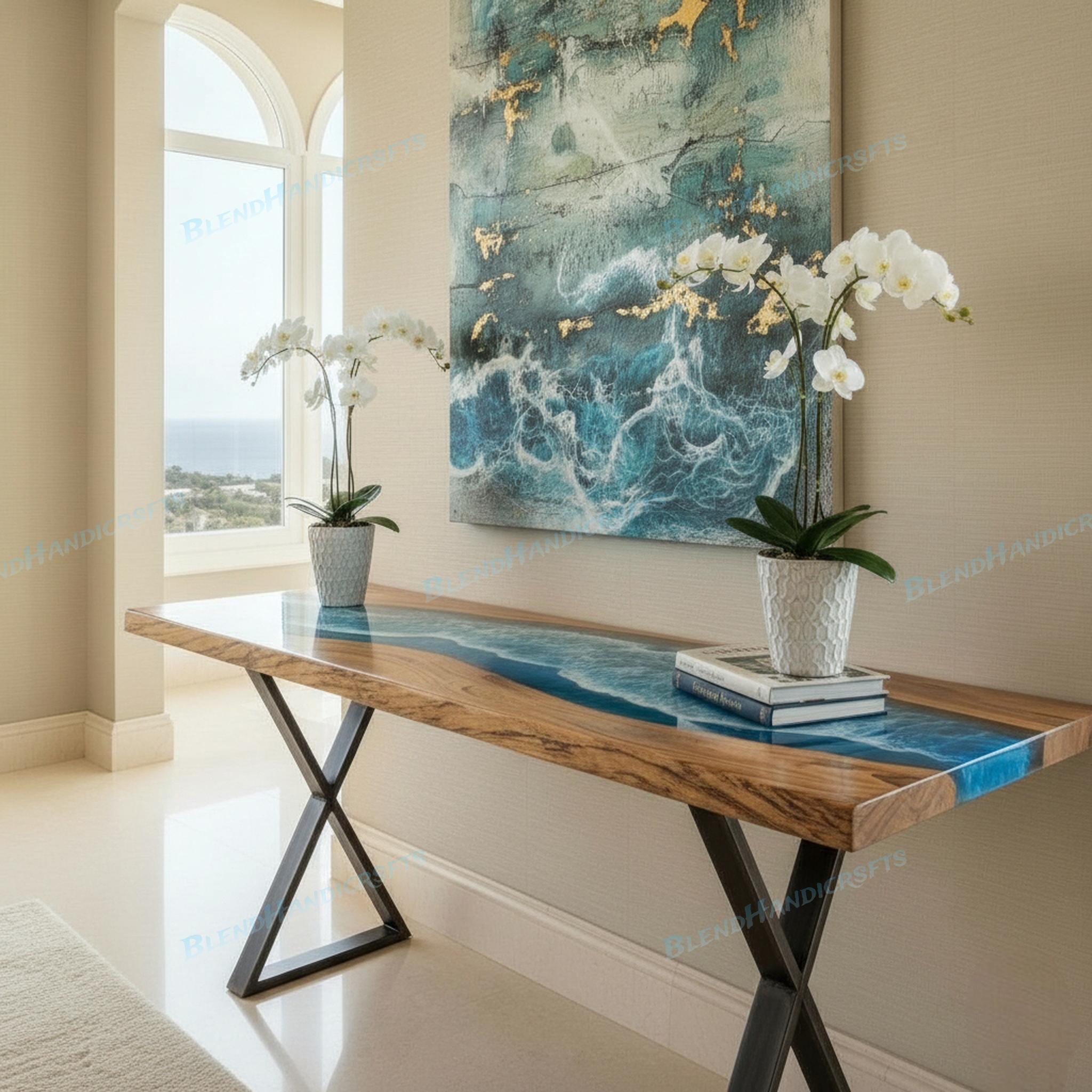 Modern Ocean Blue Epoxy Console Table | Handmade Solid Wood | Custom ...