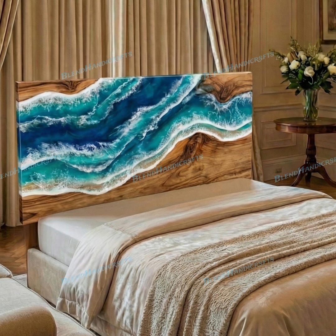 Handmade Luxury Ocean Blue Epoxy River Headboard Natural Acacia Wood ...