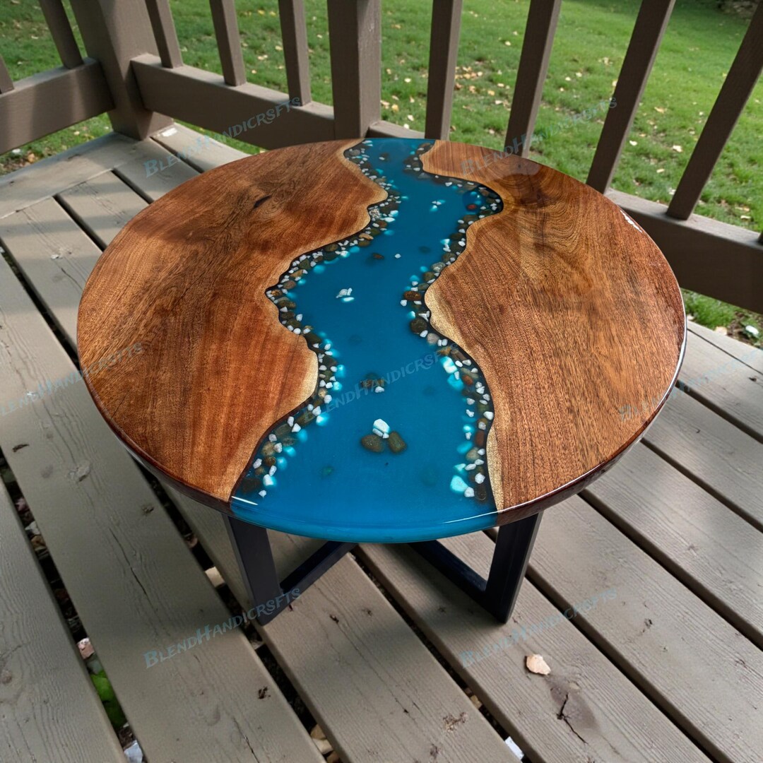 Custom Made Blue Epoxy River Stone Coffee & Dining Table | Solid Wood ...