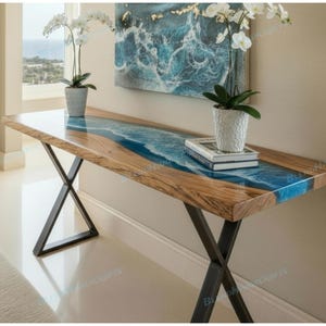 Modern Ocean Blue Epoxy Console Table | Handmade Solid Wood | Custom ...