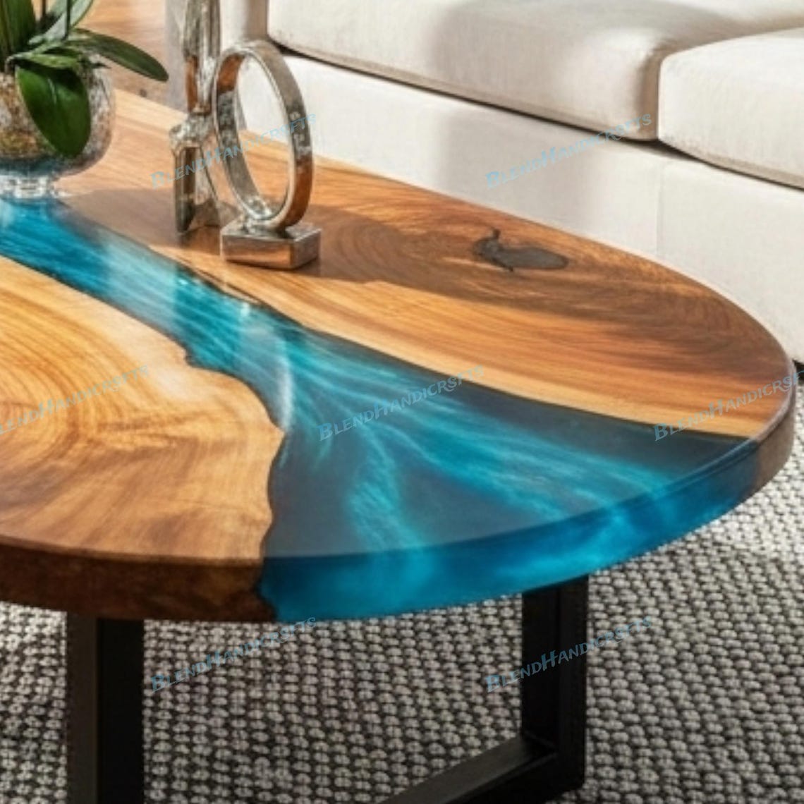 Ocean Blue Epoxy Oval Coffee & Dining Table, Natural Solid Wood, Custom ...