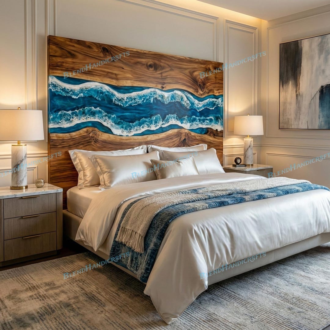 Handmade Ocean Blue Epoxy Bed Headboard | Natural Solid Wood Custom ...