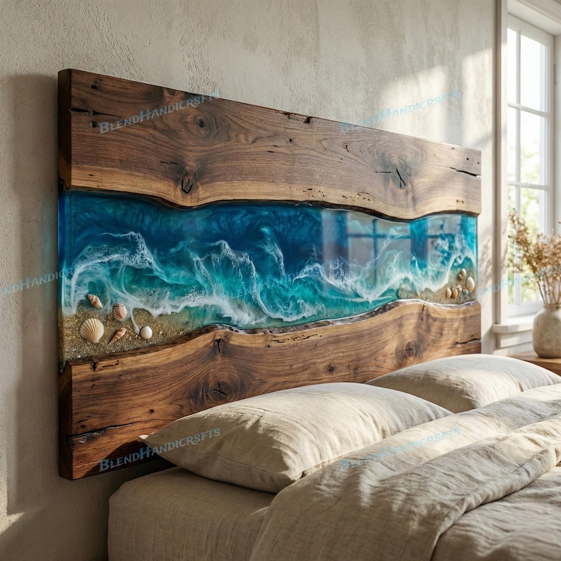 Ocean Blue Epoxy Headboard, Solid Acacia, Luxury Handmade King Queen ...