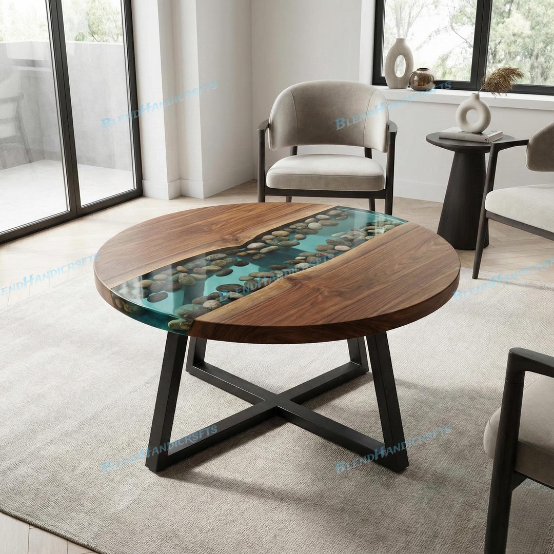 Translucent Blue Epoxy River Stone Table | Luxury Handmade Solid Wood ...