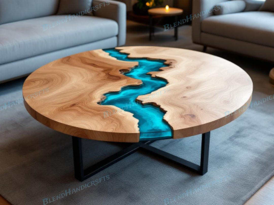 Handcrafted Luxury Blue River Theme Round Table – Solid Wood Coffee ...