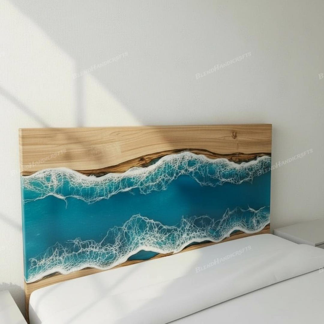 Luxury Ocean Blue Epoxy Bed Headboard – Handmade Natural Solid Wood ...