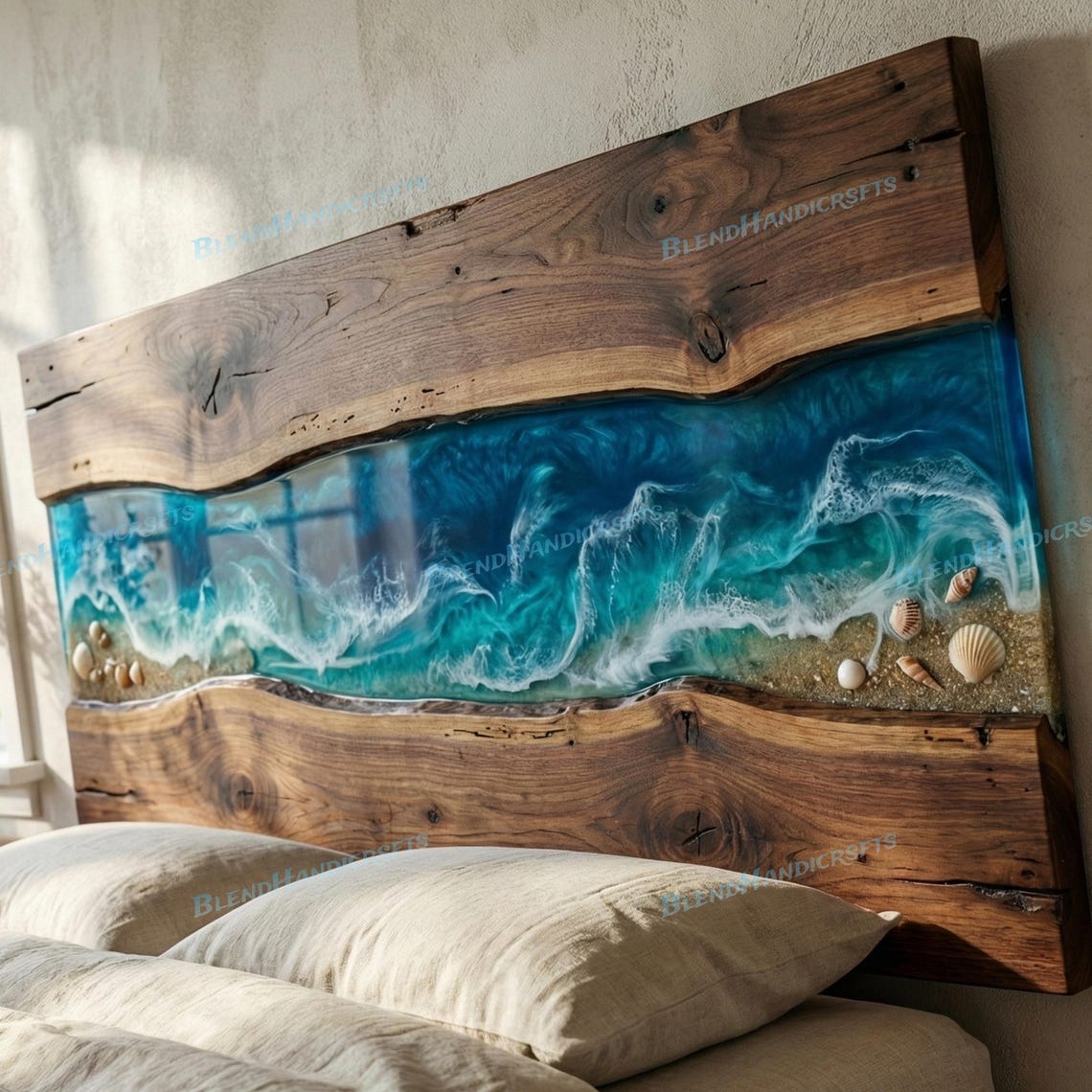 Ocean Blue Epoxy Headboard, Solid Acacia, Luxury Handmade King Queen ...
