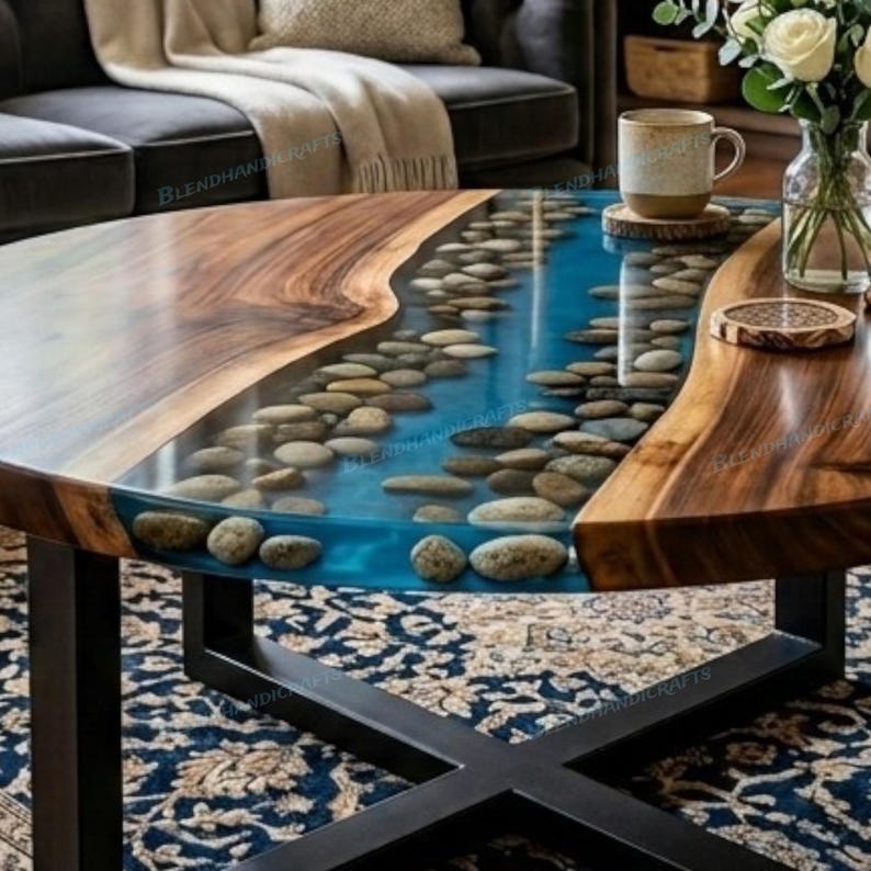 Blue Epoxy River Stone Round Table – Solid Wood Handmade Coffee Table ...
