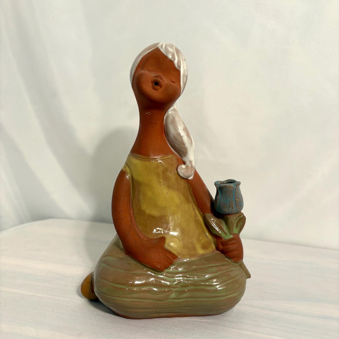 Vintage Japan Redware Clay Pottery Girl Planter, Holding Tulip, Hand ...