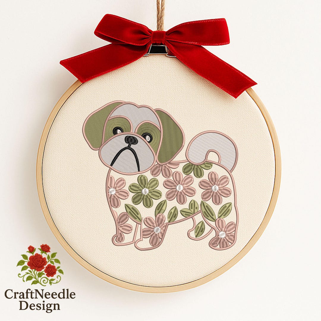 Floral Dog Embroidery Design, Cute Puppy Flower Stitch Pattern ...