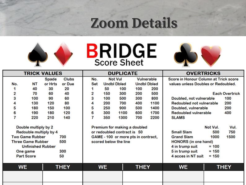 Bridge Score Sheet, Printable Card Game Scorecard (US Letter & A4) (PDF ...
