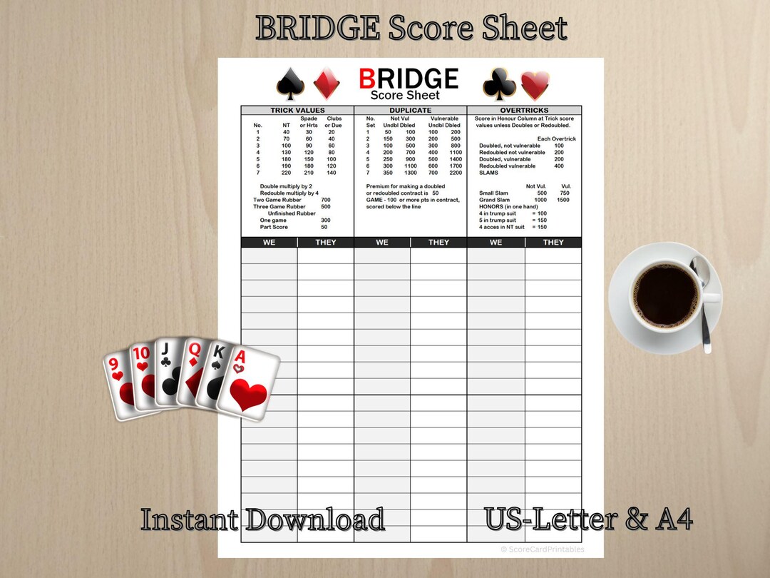 Bridge Score Sheet, Printable Card Game Scorecard (US Letter & A4) (PDF ...