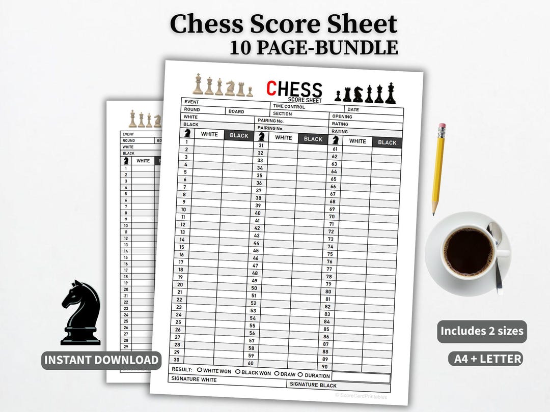Chess Score Sheet Bundle | 10 Printable Game Records | Us-letter & A4 ...