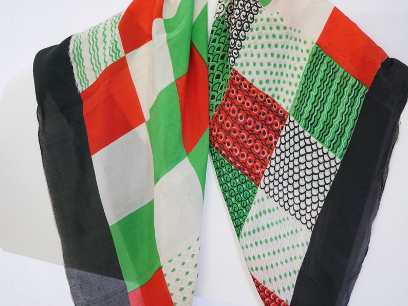 Scarf Vintage Scarf Red Green With Black Border Silk Scarf 30 Inch ...