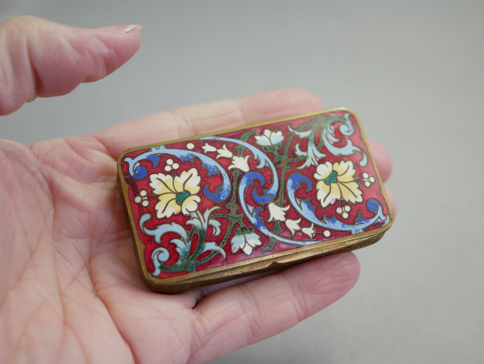 Antique French Enameled Brass Box Small Mirrored Brass Box Patches Box ...