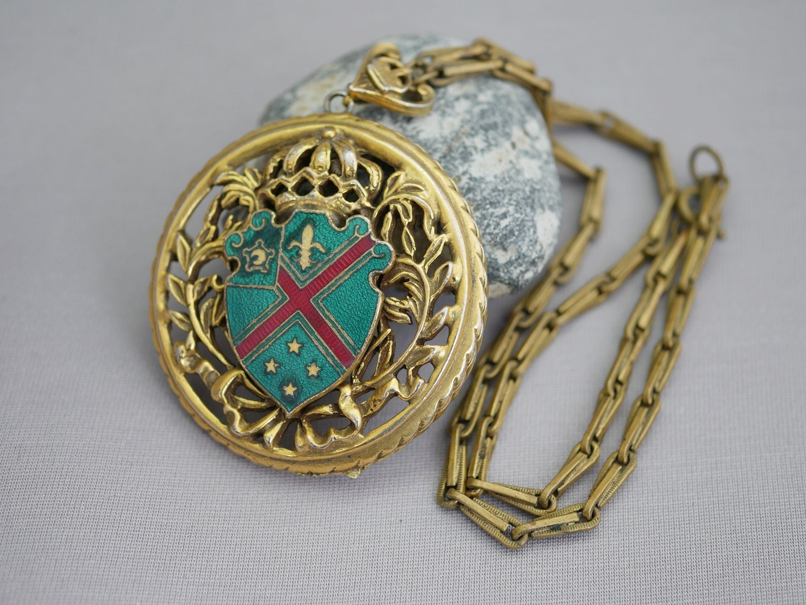 Vintage Heavy Enameled Medallion Necklace Shield Pendant on Brass Chain ...