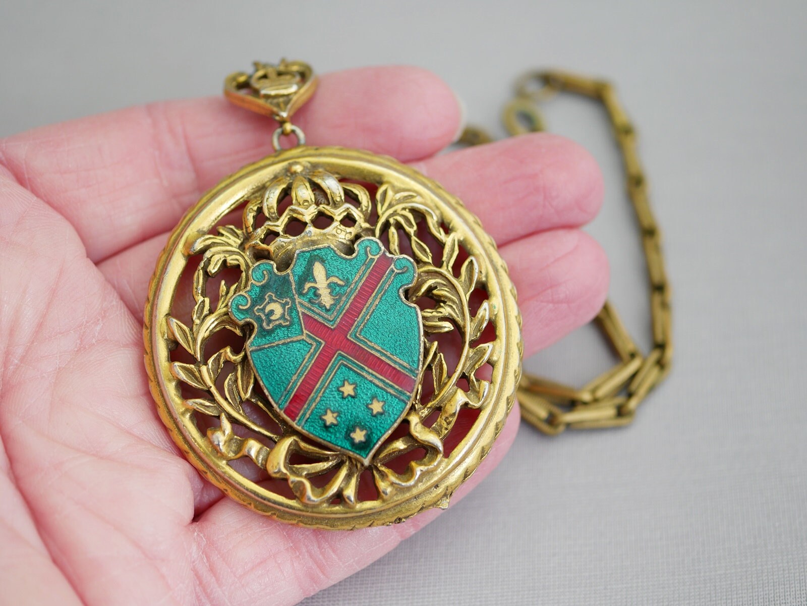Vintage Heavy Enameled Medallion Necklace Shield Pendant on Brass Chain ...
