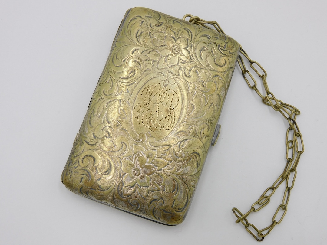 Antique Victorian Compact Purse on Chain German Silver Engraved Metal ...