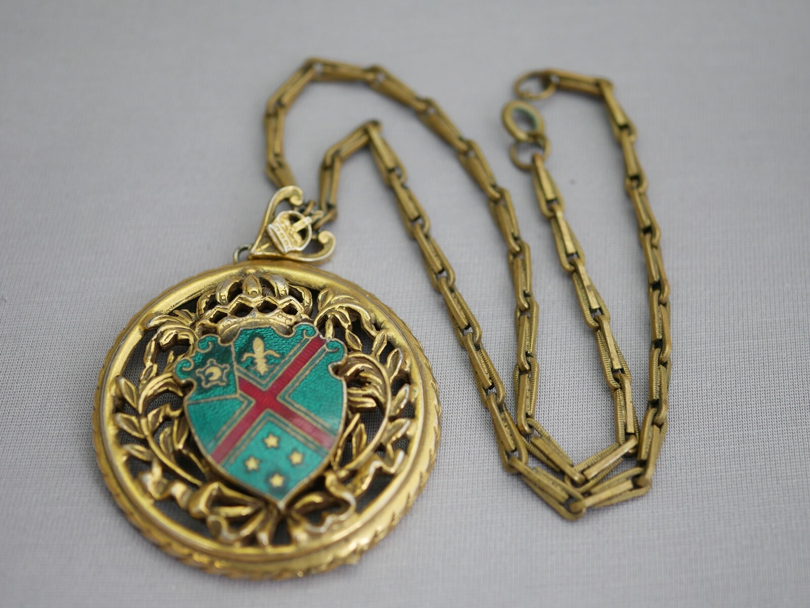 Vintage Heavy Enameled Medallion Necklace Shield Pendant on Brass Chain ...