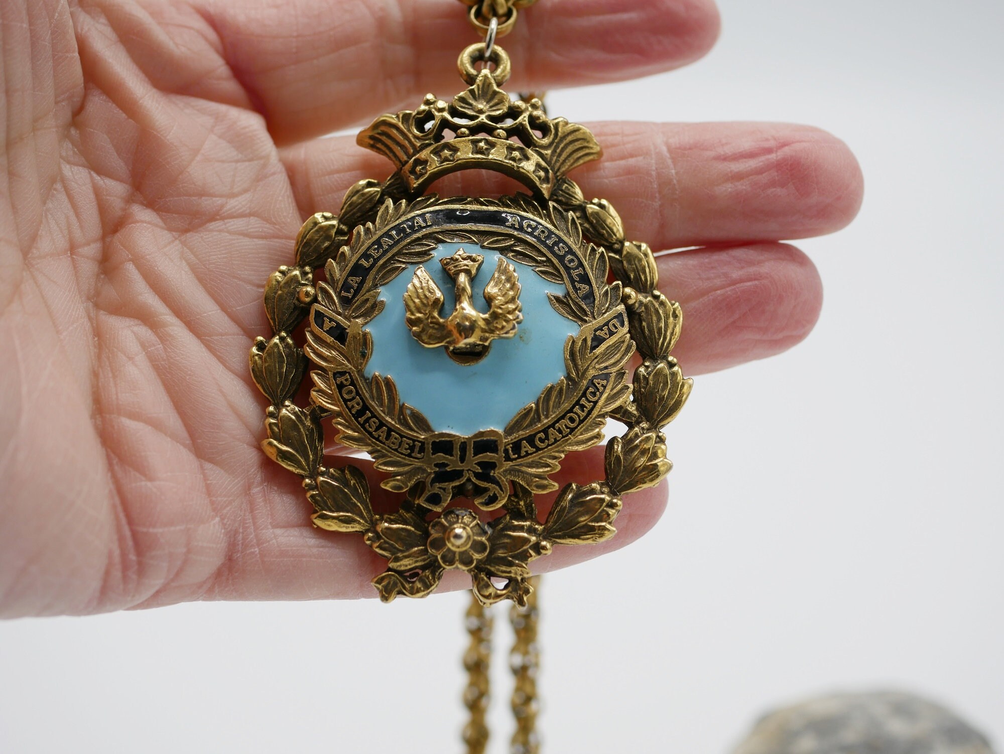 Large Medallion Necklace Light Blue Enamel Spanish Wording Headless ...