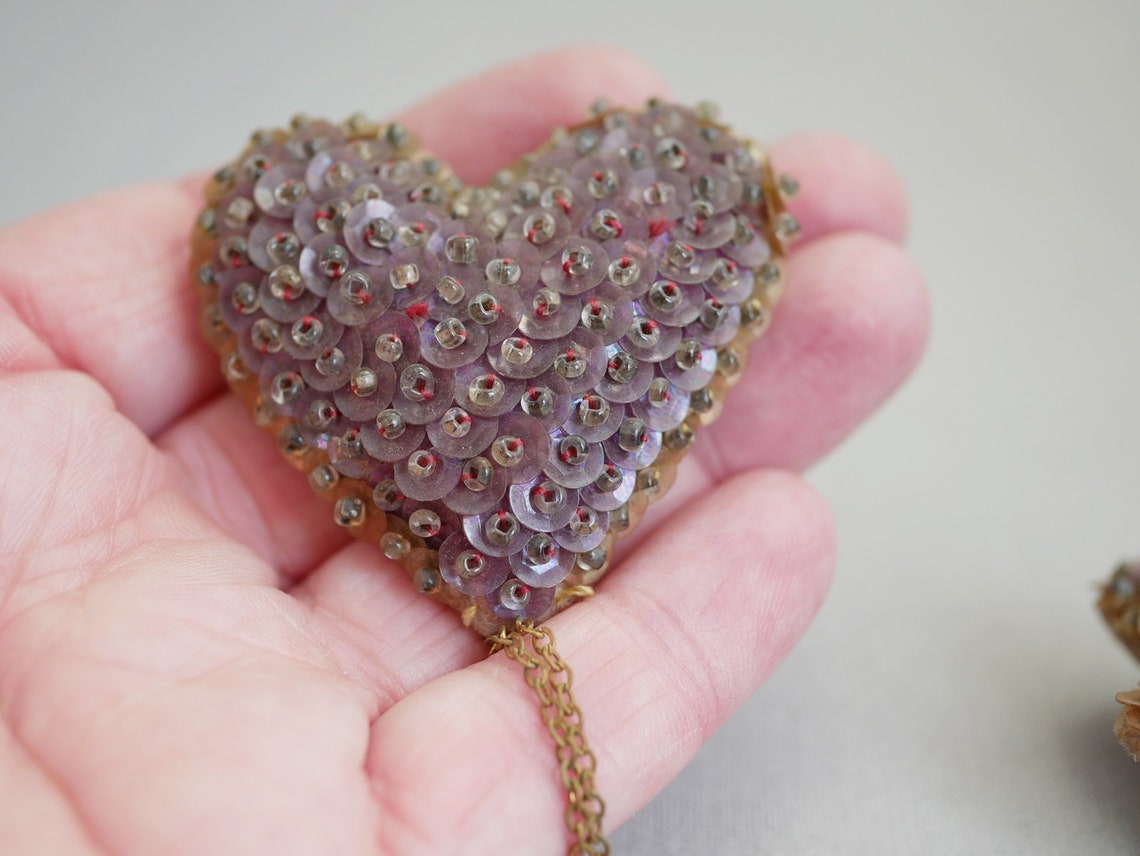 Victorian Felted Heart Pin Set With Sequins Puffy Heart Pins Handmade ...