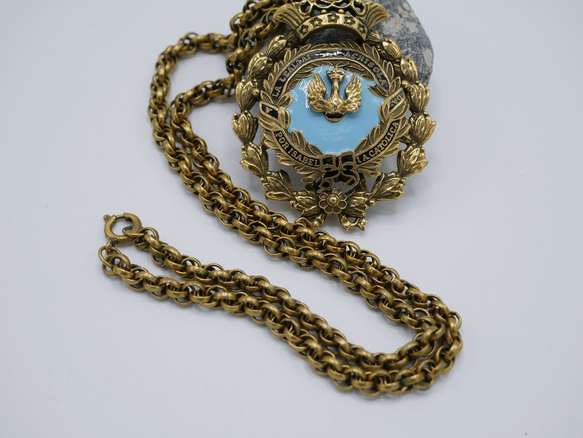 Large Medallion Necklace Light Blue Enamel Spanish Wording Headless ...