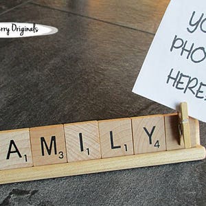 FAMILY Photo Sign Scrabble Shelf or Desk Sign With Clip to Add Photo Co ...
