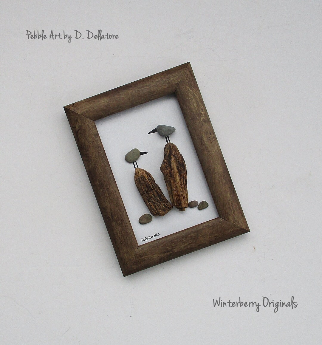 Pebble Art: 2 Birds on Driftwood Posts in 5.75x7.75 Brown Burl Frame ...