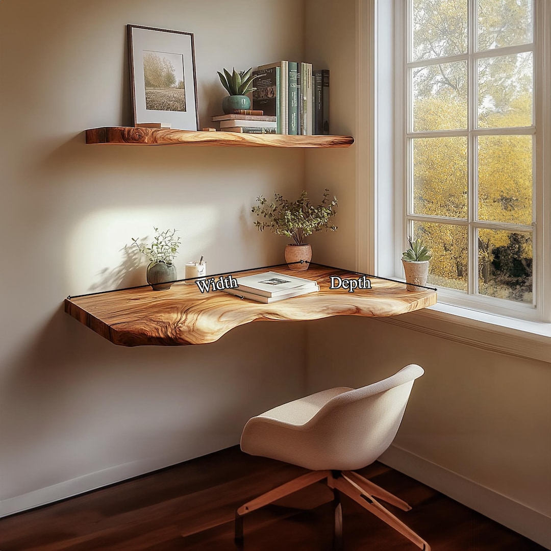 Rustic Live Edge Floating Desk With Shelf Solid Wood Wall Mounted ...