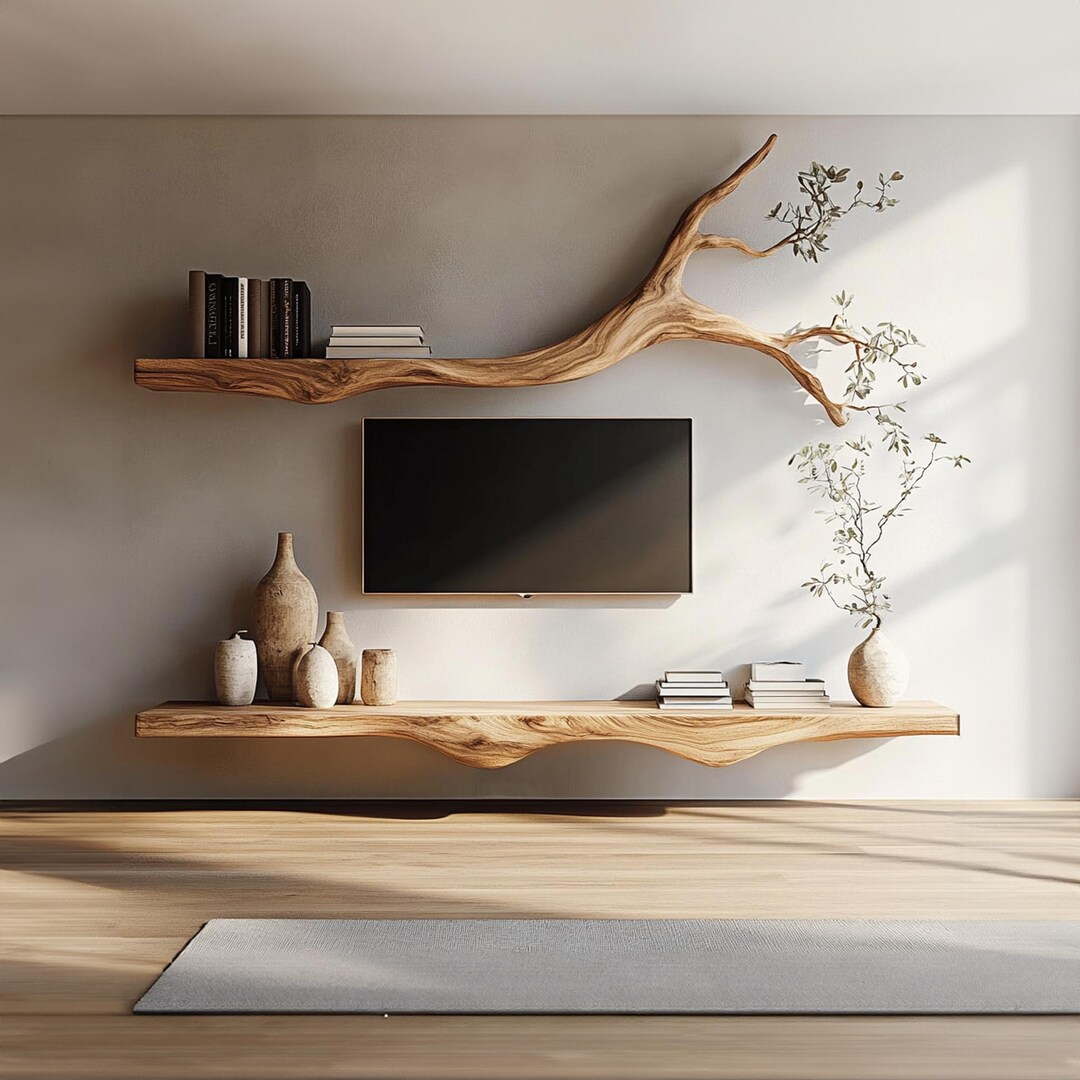 Rustic Floating TV Stand With Tree Branch Shelf, Handmade Solid Wood ...