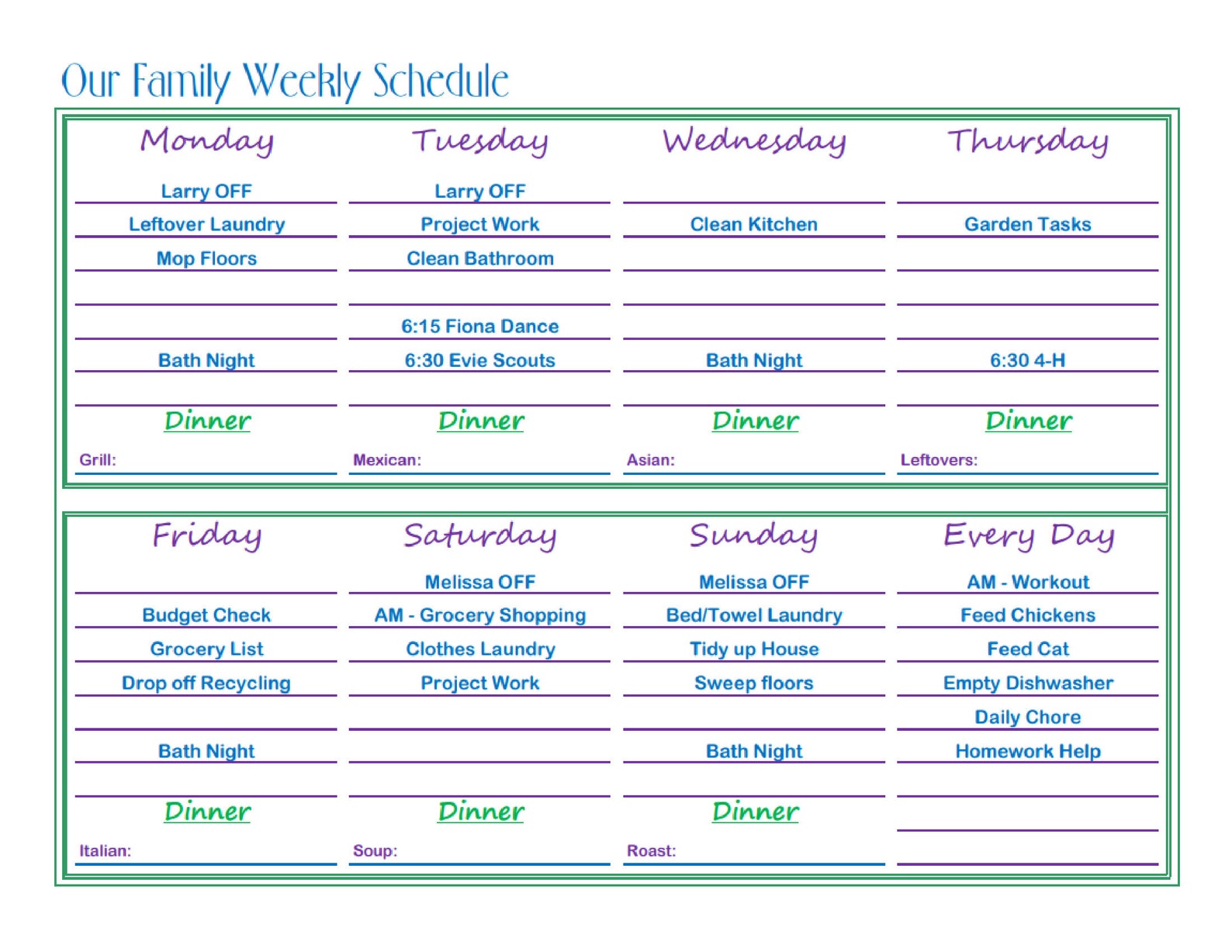 Simple Family Weekly Schedule - Excel Template - Etsy