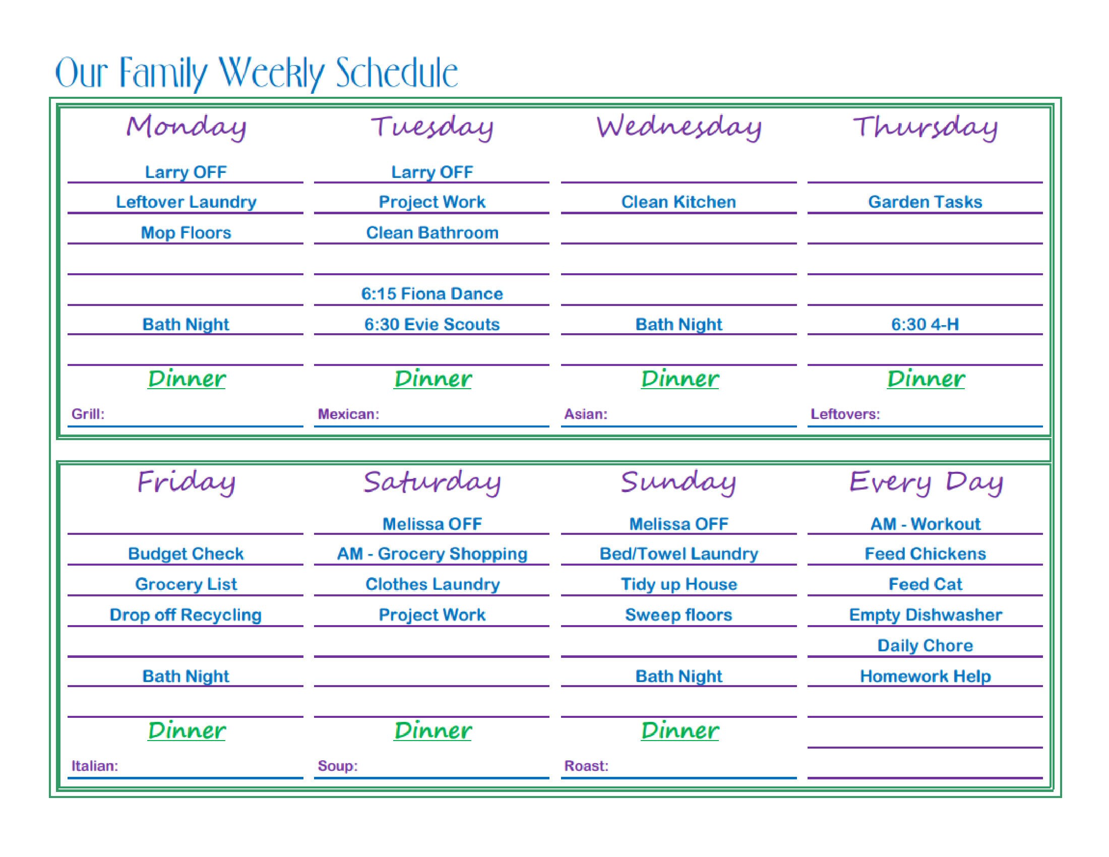 Simple Family Weekly Schedule Excel Template Etsy Hong Kong