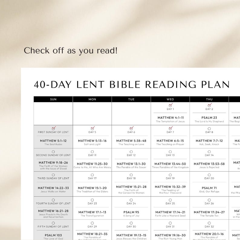 40 Day Lent Bible Reading Plan, Christian Lent Calendar Printable ...