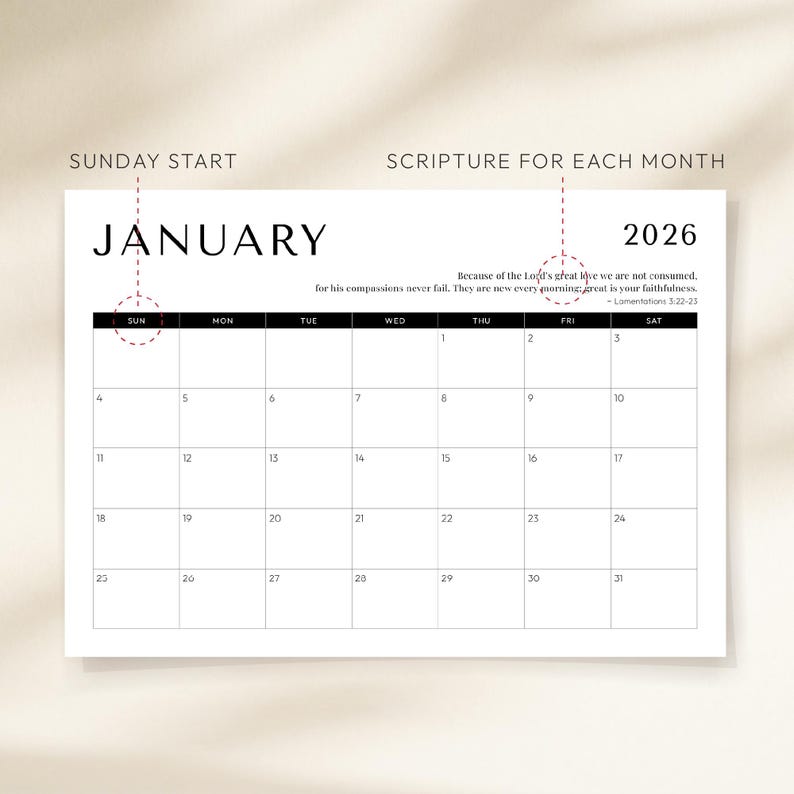 2026 Printable Christian Calendar, Monthly Bible Verse Calendar ...