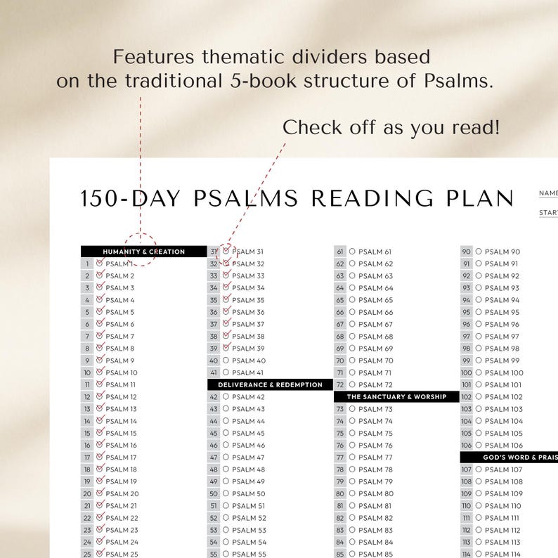 150 Day Psalms Reading Plan, Printable Bible Reading Tracker for Daily ...