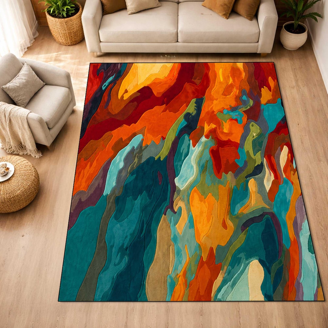 Abstract Colorful Rug, Modern Art Area Rug, Bold Orange Teal Carpet ...