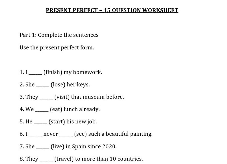 Present Perfect ESL Worksheet | 15 Grammar Questions + Answer Key ...