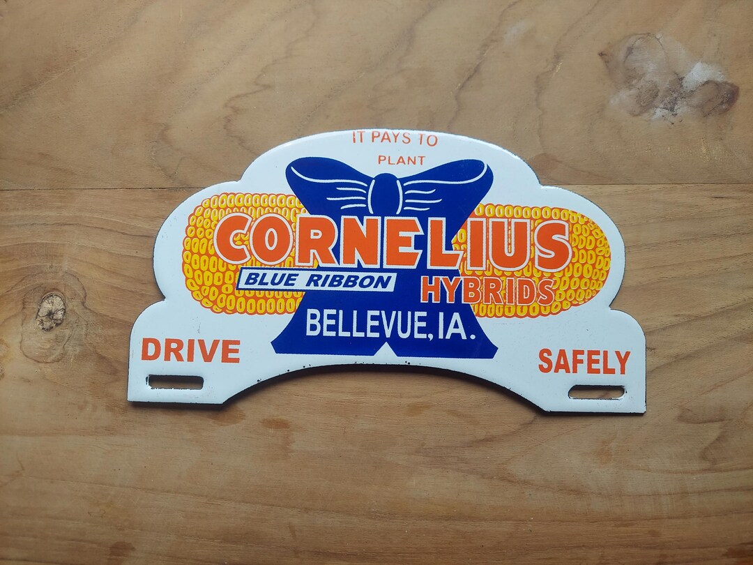 Vintage Cornelius Hybrids Corn Enamel Porcelain Sign Blue Ribbon 8" × 5 ...
