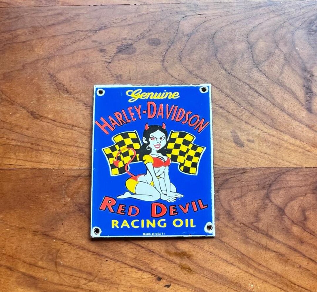 Emaille Vintage Harley Red Devil Racing Öl Motorrad Motorrad Garage ...