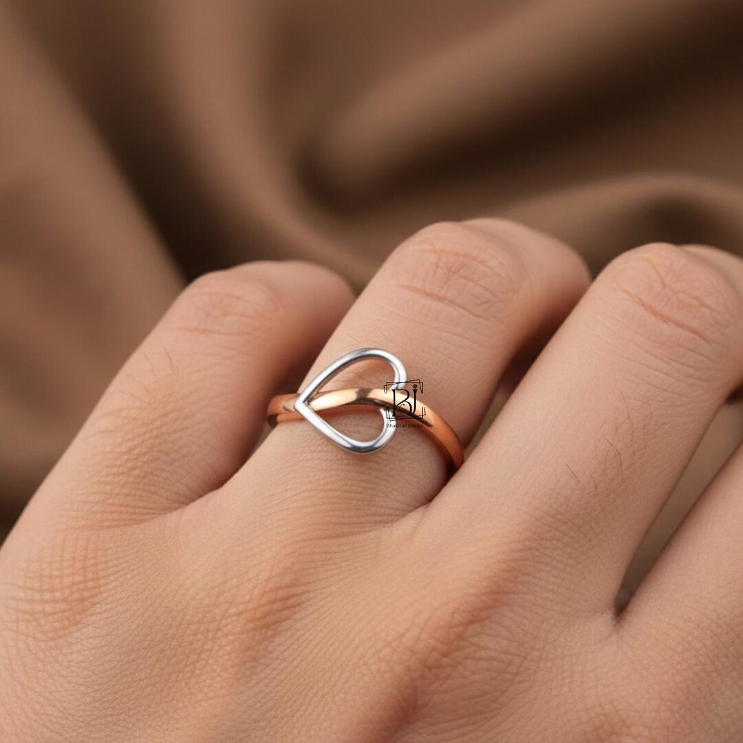 Gold Heart Ring, 14K Solid Gold Two Tone Heart Ring, Minimalist Love ...