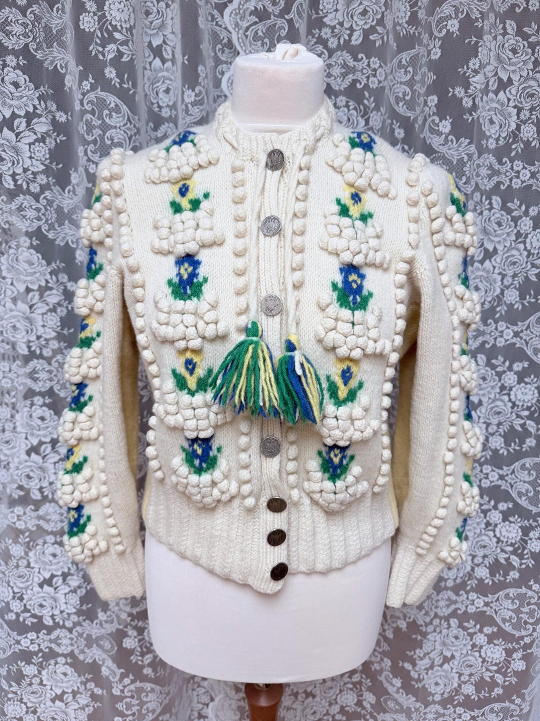 Vintage Austrian Floral Wool Cardigan With Antique Coin Buttons - Etsy