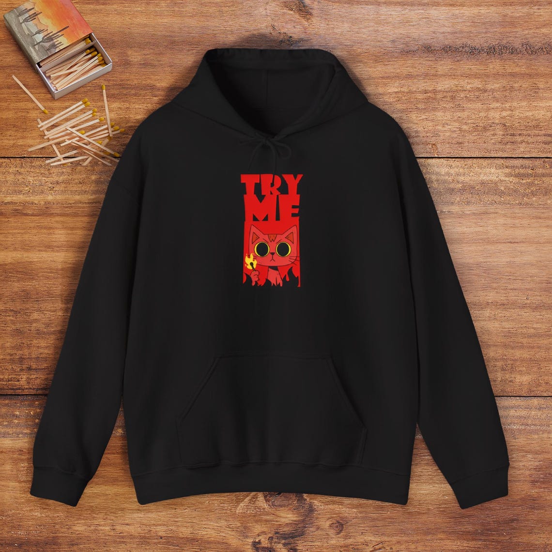 Try Me Cat Hoodie | Funny Red Cartoon Sweatshirt With Flame Graphic and ...