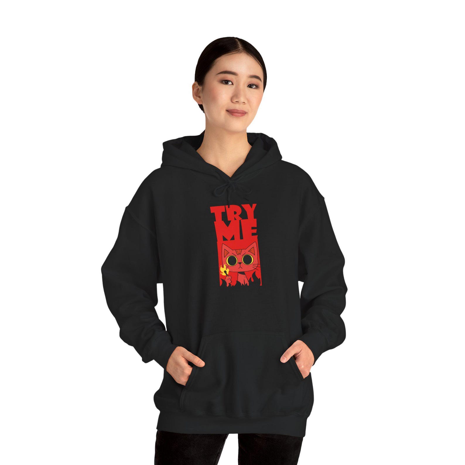 Try Me Cat Hoodie | Funny Red Cartoon Sweatshirt With Flame Graphic and ...