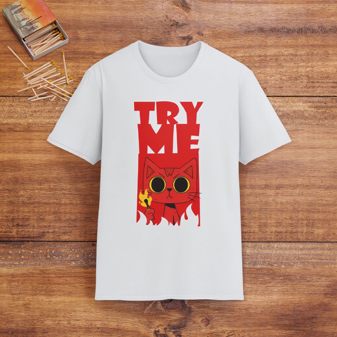 Try Me Cat T-shirt | Funny Red Cartoon Graphic Tee With Flames, Bold ...