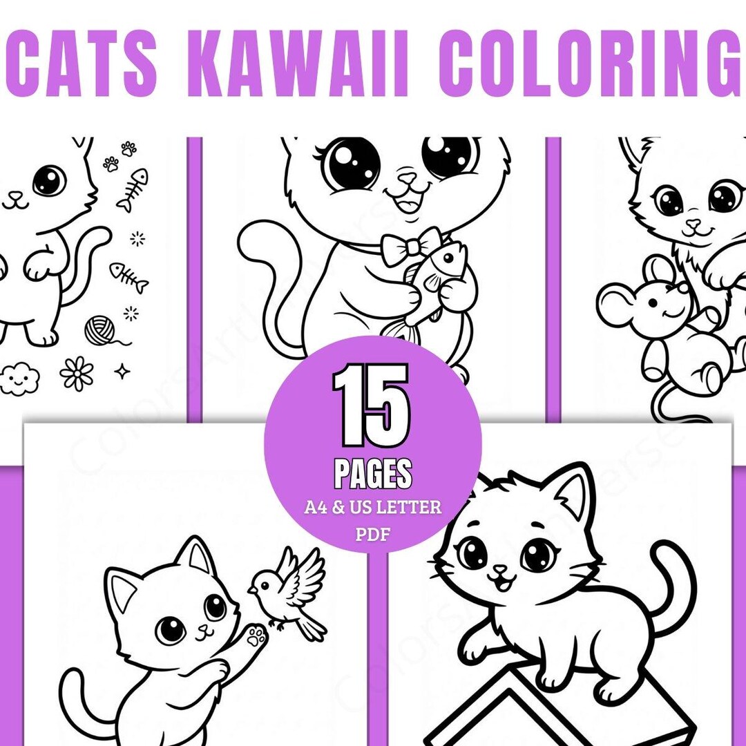 Pack of 15 Kawaii Cat Coloring Pages – Cute Printable Coloring Pages ...