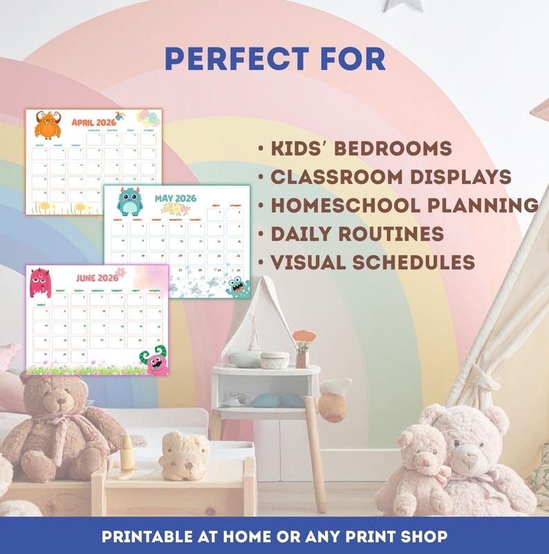 2026 Kids Calendar Printable - Moster Themed 12 Month Calendar ...