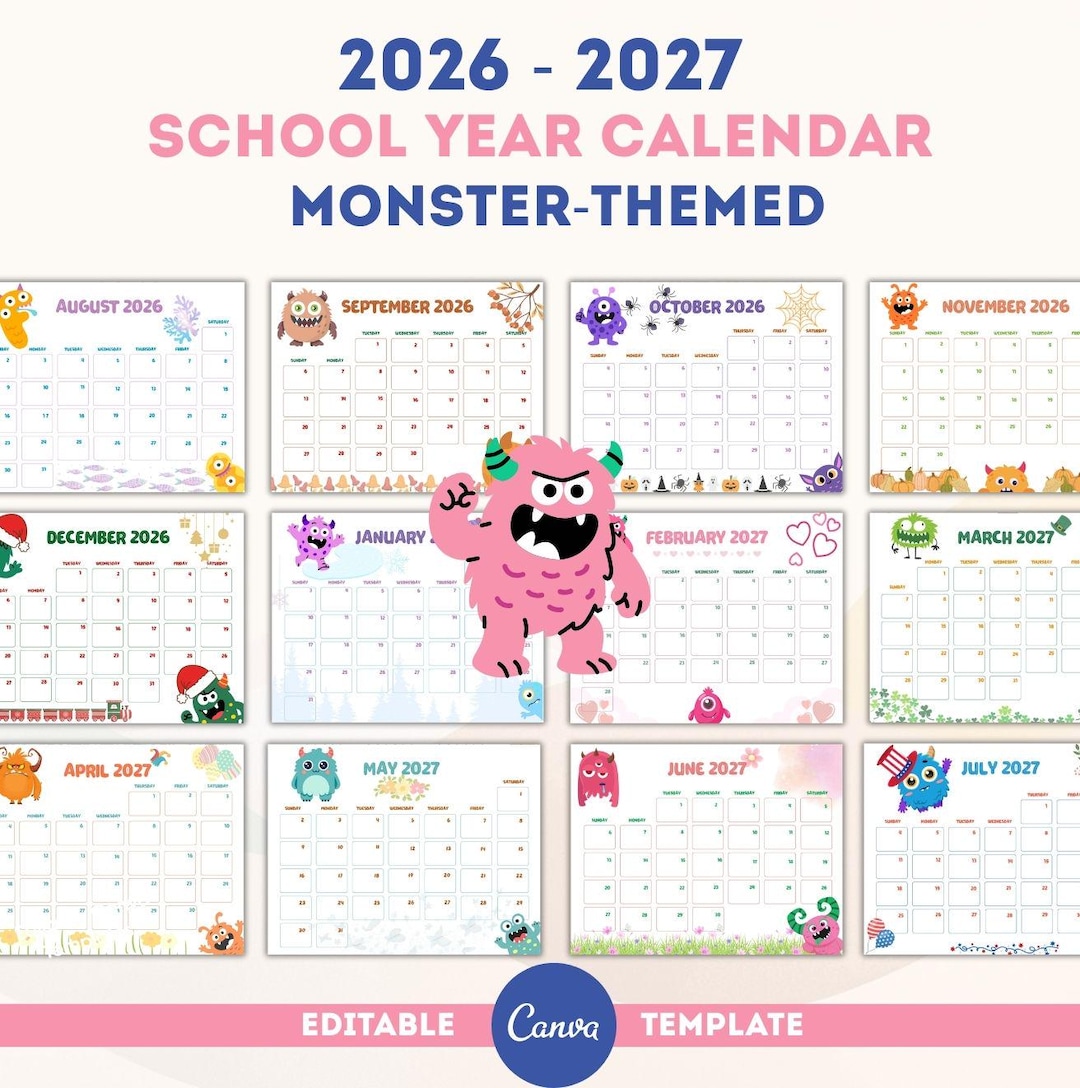 Editable School Year Calendar 2026-2027 Printable | Kids Monthly ...